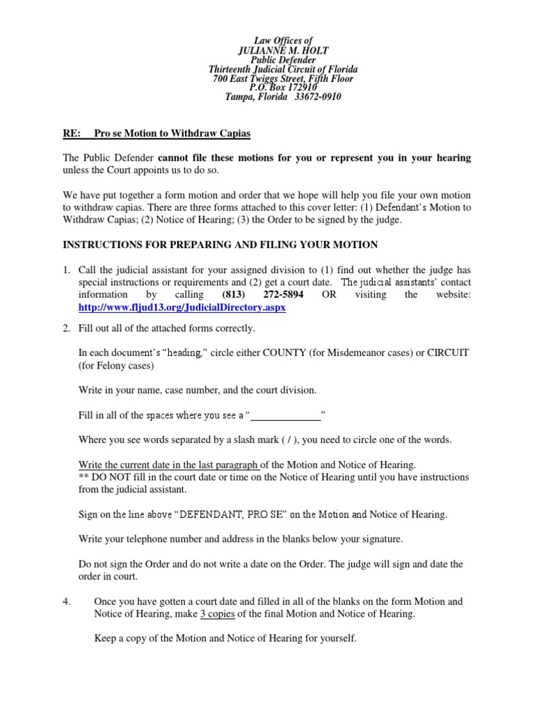 Pro Se Motion To Withdraw Capias Packet English | PDF | Pro Se Legal ...