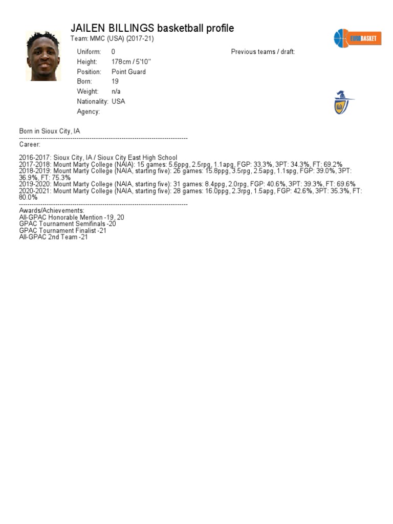 Jailen Billings Basketball Profile | PDF | Sports | Leisure