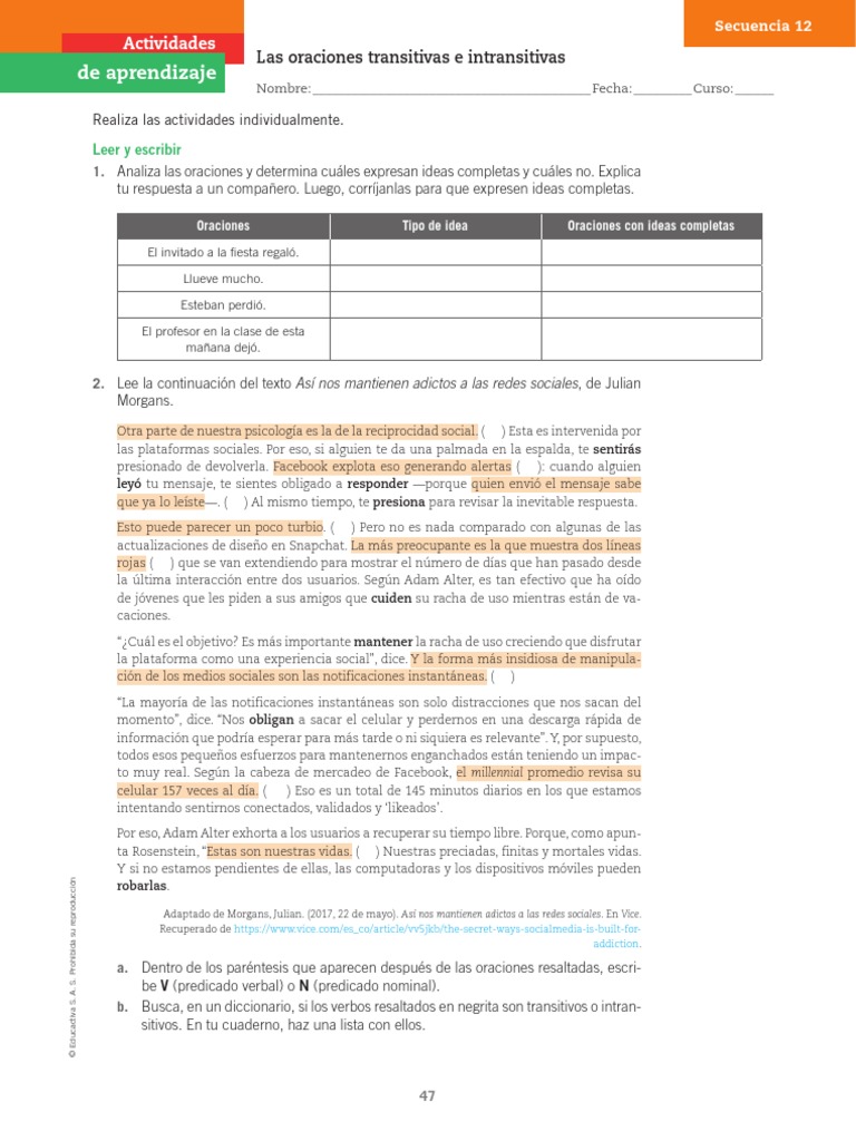 Oraciones Transitivas e Intransitivas 8 | PDF | Alpinismo | Verbo