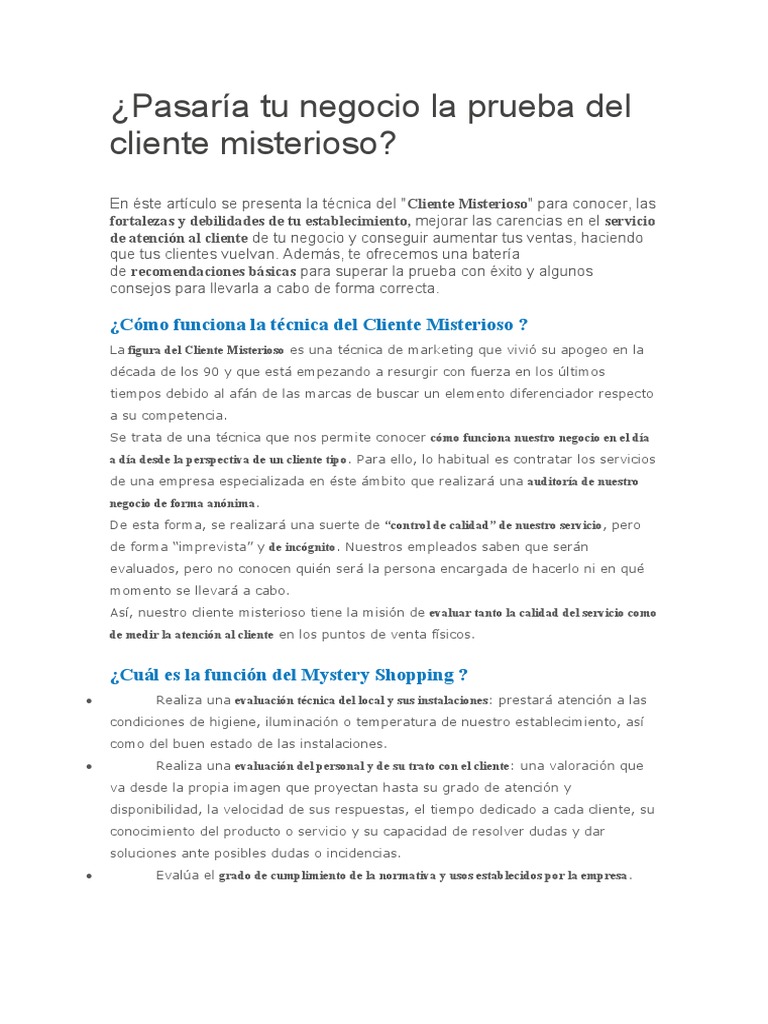 Prueba Del Cliente Misterioso | PDF | Servicio al Cliente | Cliente