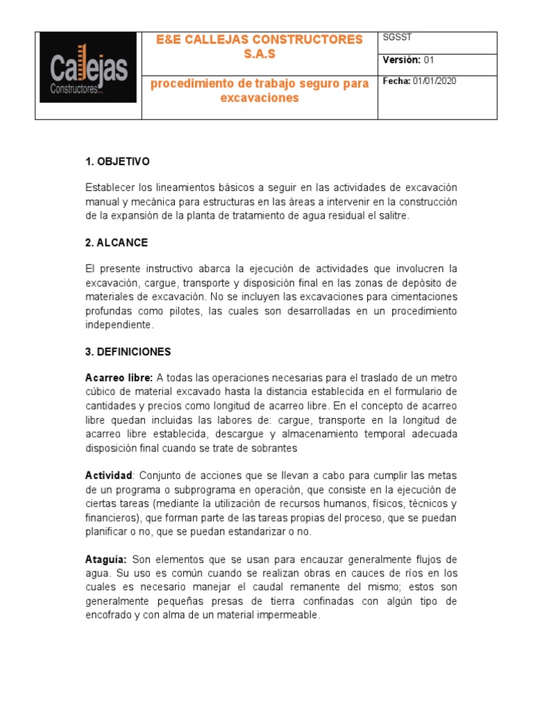 Procedimiento de Trabajo Seguro en Excavaciones | PDF | Spar ...