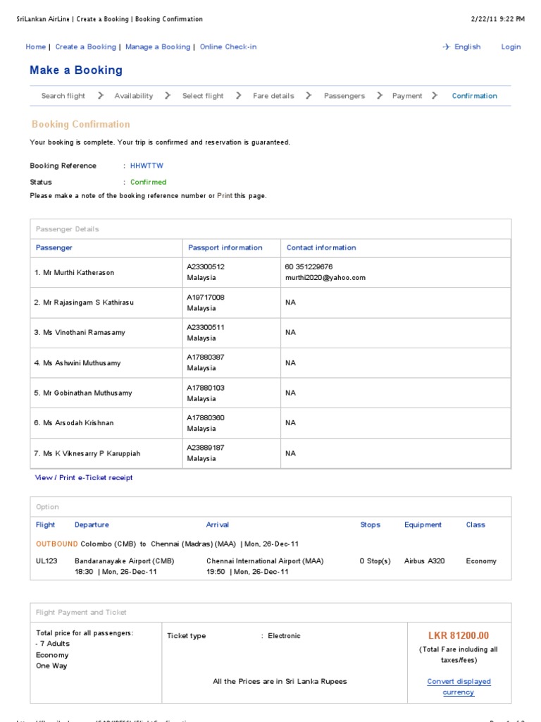 SriLankan AirLine - Create A Booking - Booking Confirmation | PDF ...