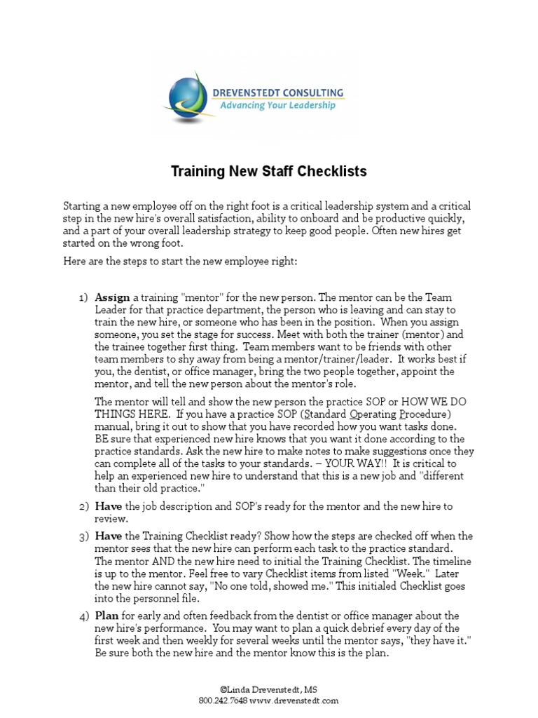 Training New Staff Checklists: © Linda Drevenstedt, MS | PDF | Dentist ...