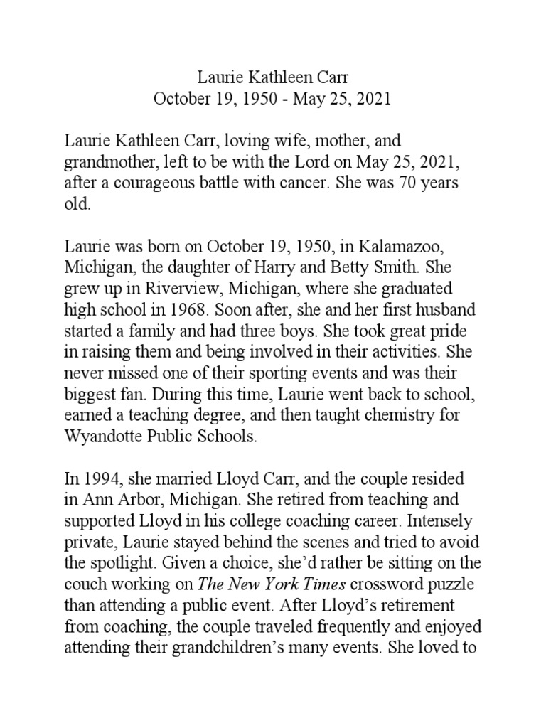 Laurie Carr Obituary | PDF | Family | Society