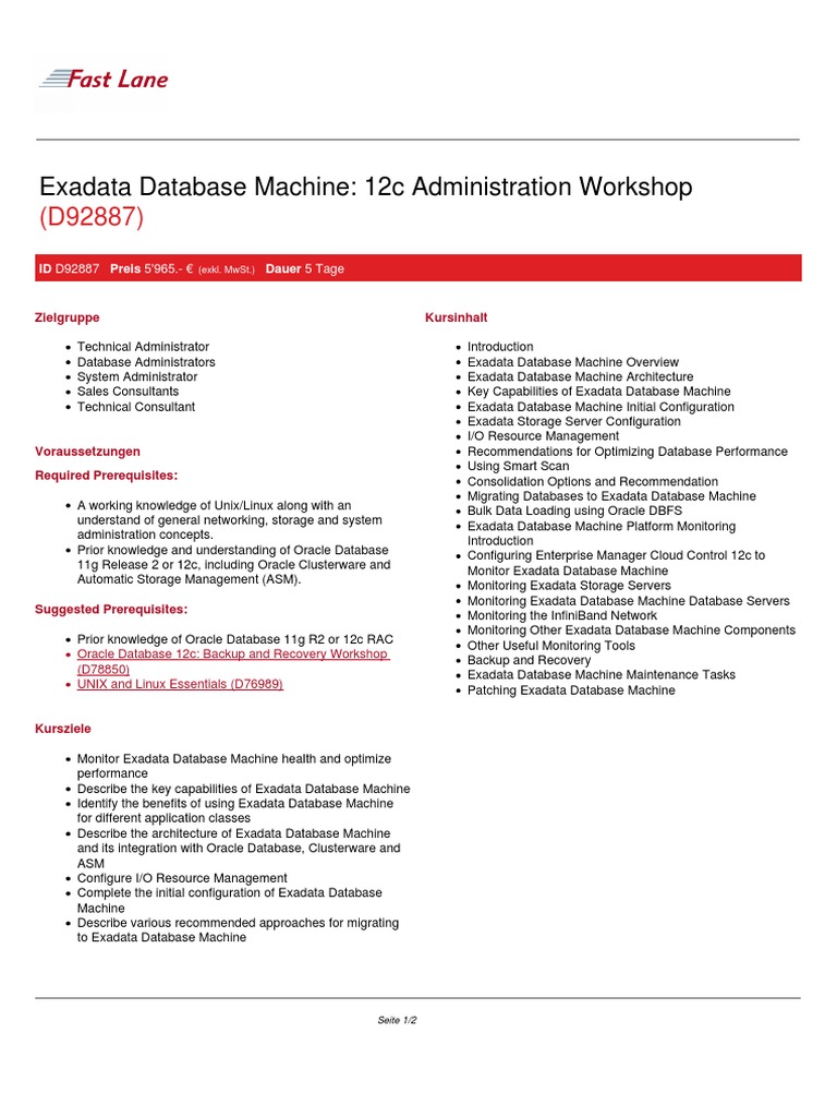 Exadata Database Machine: 12c Administration Workshop: Dauer 5 Tage | PDF | Databases | Oracle ...