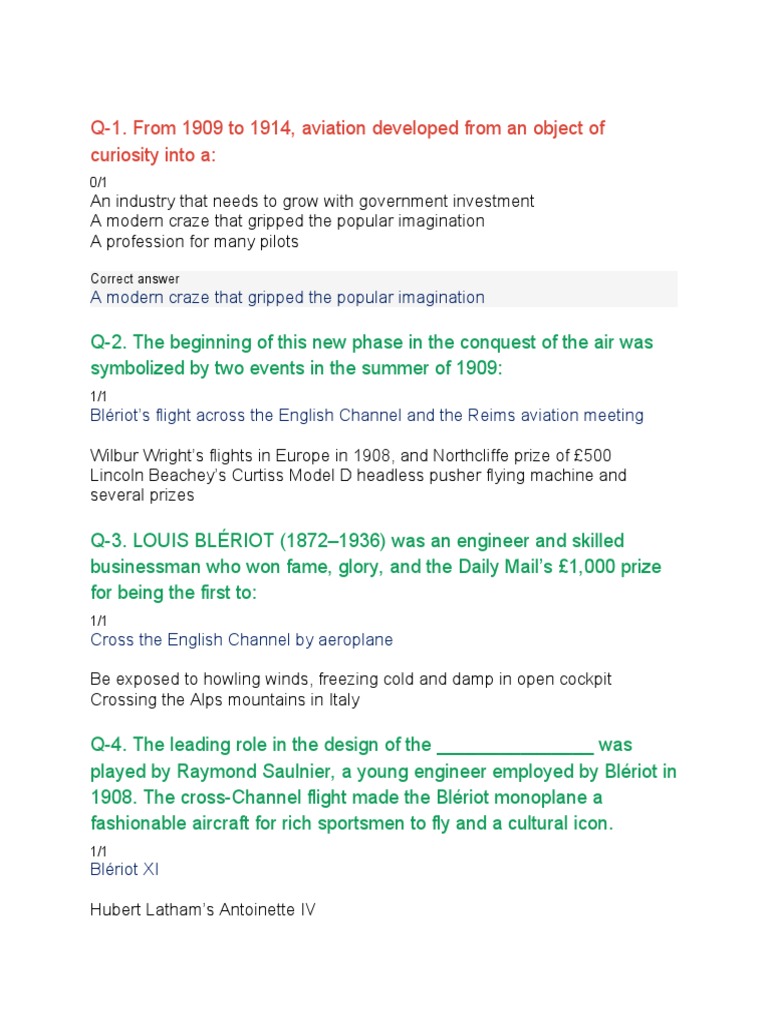 Q-1. From 1909 To 1914, Aviation Developed From An Object of Curiosity ...