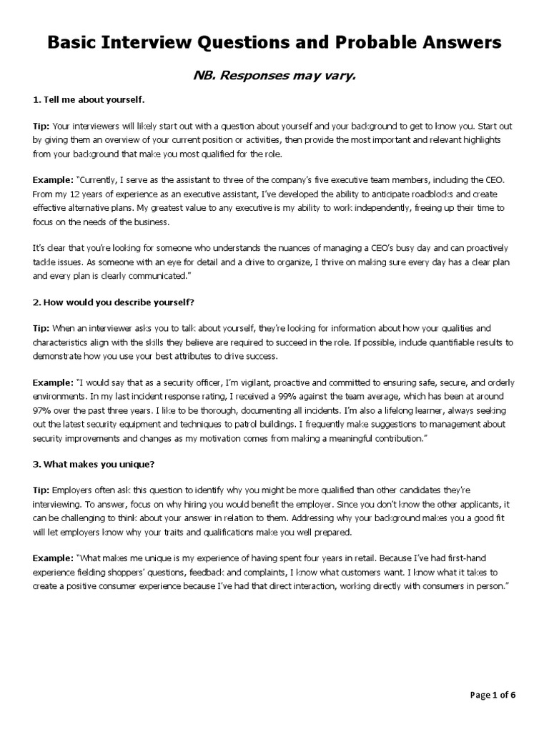 Basic Interview Questions With Sample Answers | PDF | Motivation ...