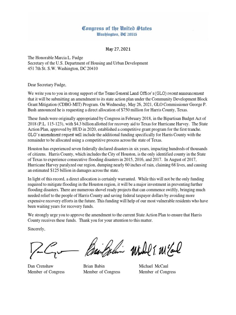 Dan Crenshaw Letter To HUD On Flood Mitigation Funds | PDF