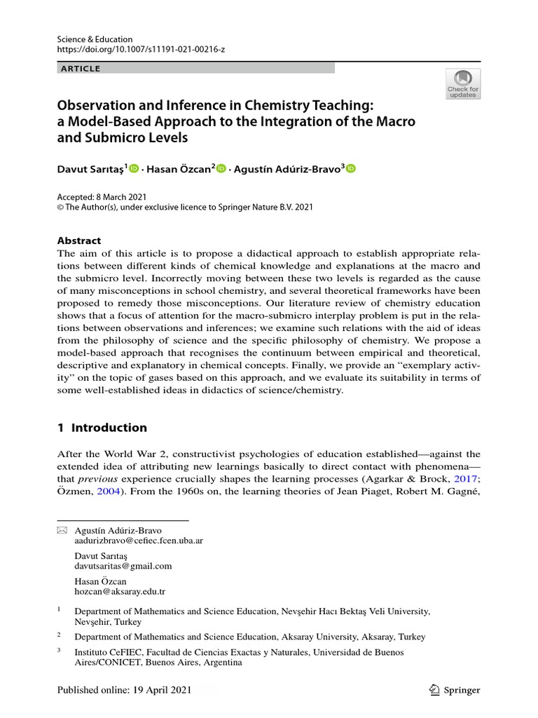 Observation and Inference in Chemistry Teaching: A Model Based Approach ...
