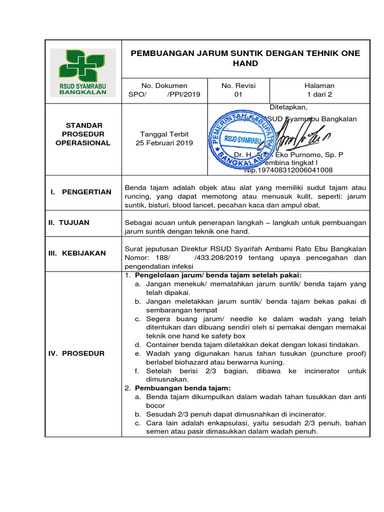 Pembuangan Jarum Suntik Dengan Tehnik One Hand | PDF
