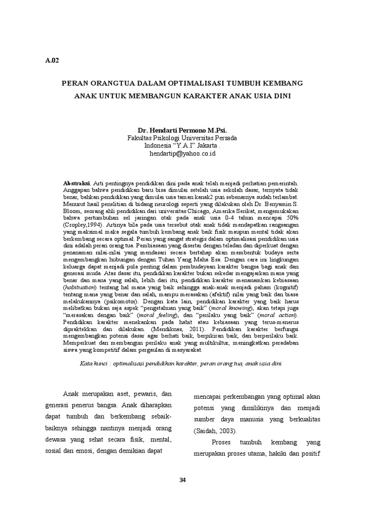 Peran Orangtua Dalam Optimalisasi Tumbuh Kembang Anak Untuk Membangun Karakter Anak Usia Dini | PDF