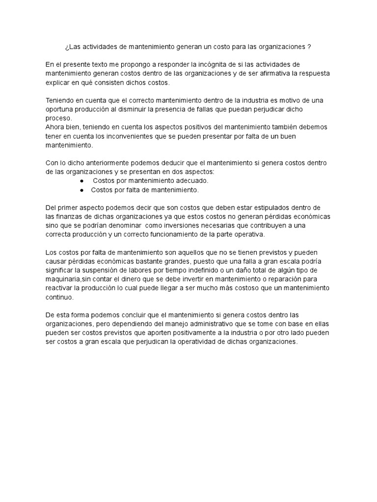 MIGUEL ANGEL PINTO RIVERA - Mantenimiento - Costo o Beneficio | PDF