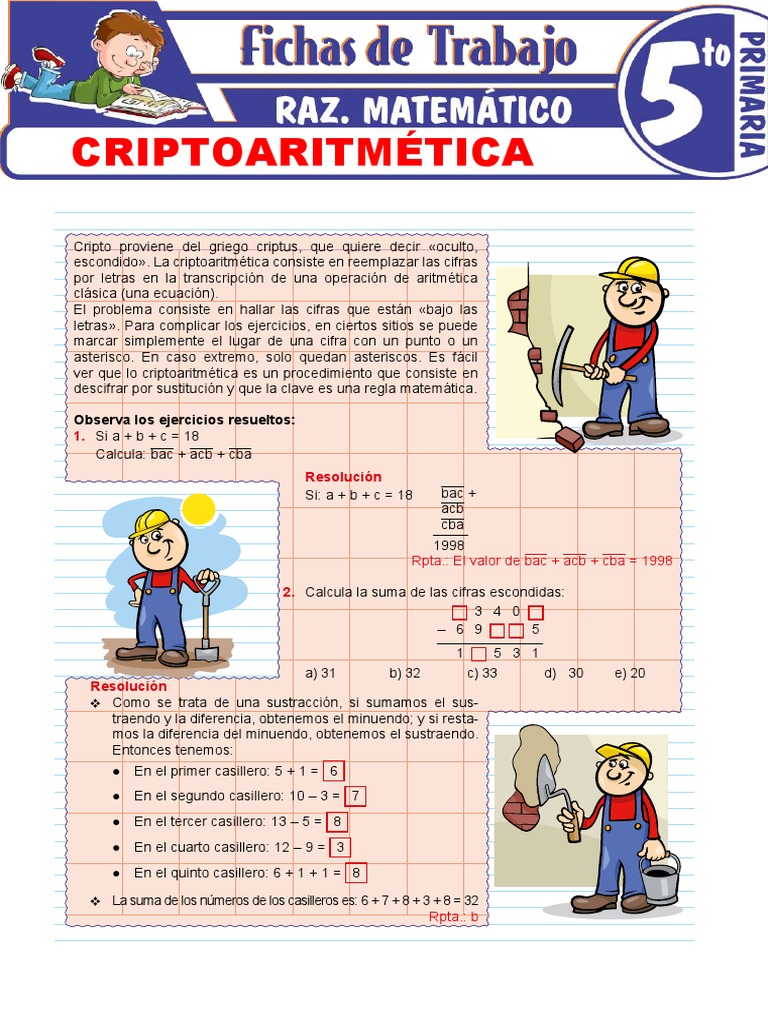 Ejercicios de Criptoaritmética para Quinto Grado de Primaria | PDF | Sustracción | Aritmética