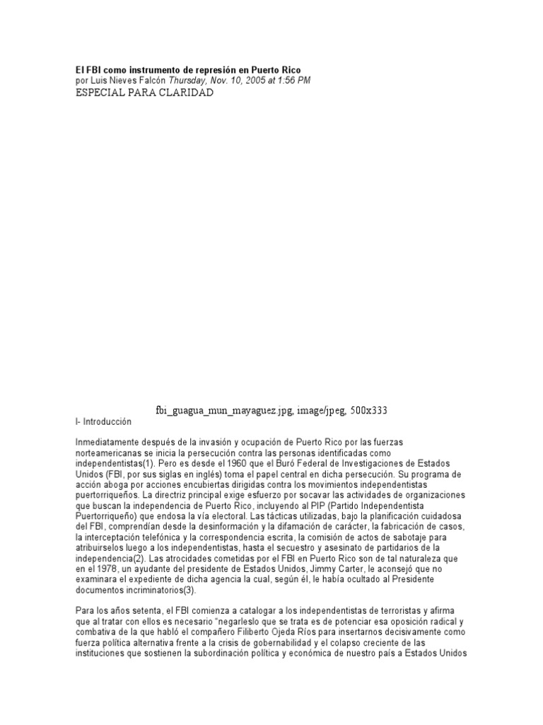 Represión del FBI en Puerto Rico | PDF | Puerto Rico | Oficina Federal ...