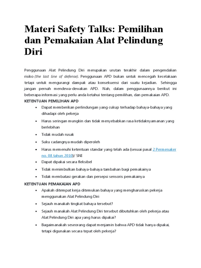 Materi Safety Talks - Pemilihan Dan Pemakaian APD | PDF