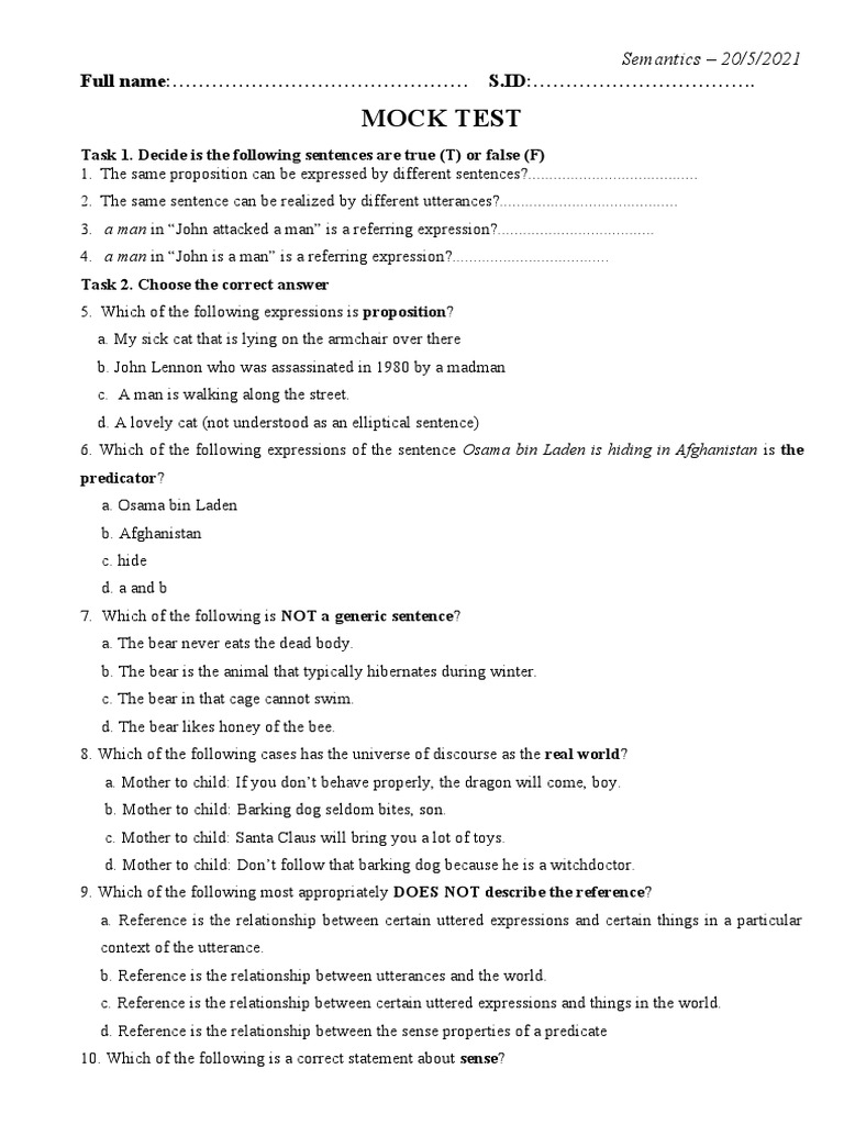 Mock Test: Full Name: S.ID | PDF | Sentence (Linguistics ...
