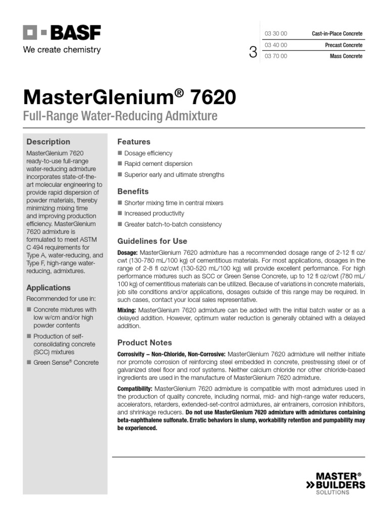 Masterglenium 7620: Full-Range Water-Reducing Admixture | Download Free ...