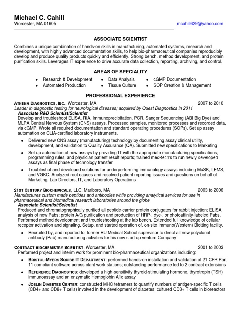 Associate Scientist Research Development in Worcester Boston MA Resume ...