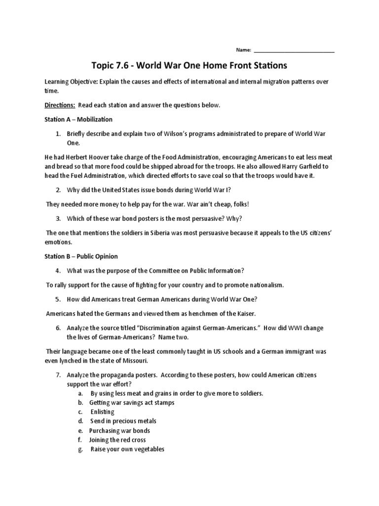 Topic 7.6 - World War One Home Front Stations | PDF | Espionage Act Of ...