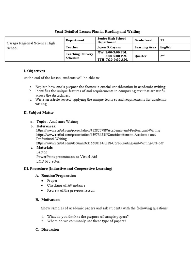 Semi-Detailed Lesson Plan in Reading and Writing | PDF | Lesson Plan ...