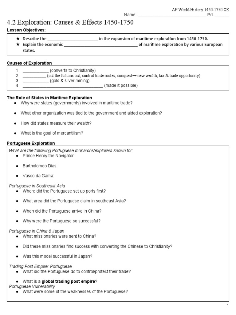 4.2 Exploration: Causes & Effects 1450-1750: Lesson Objectives | PDF ...