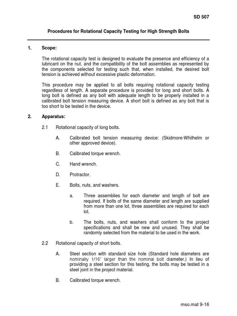 Procedures For Rotational Capacity Testing For High Strength Bolts ...