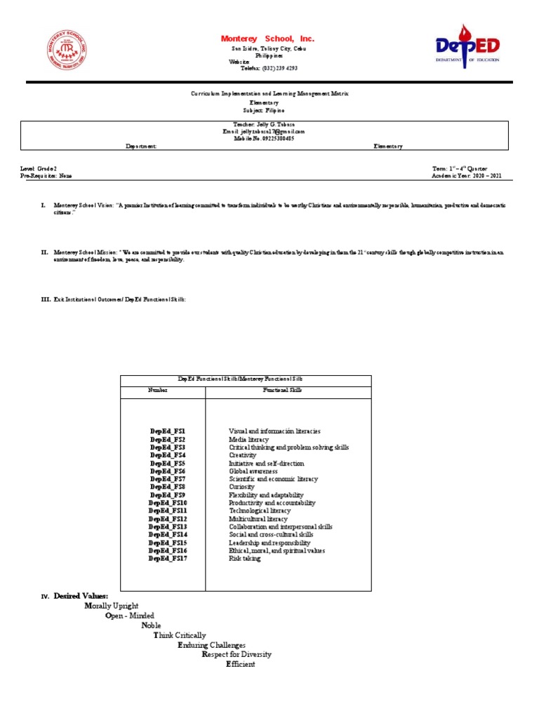 Sample Curriculum Map-Filipino-2 | PDF | Literacy | Critical Thinking