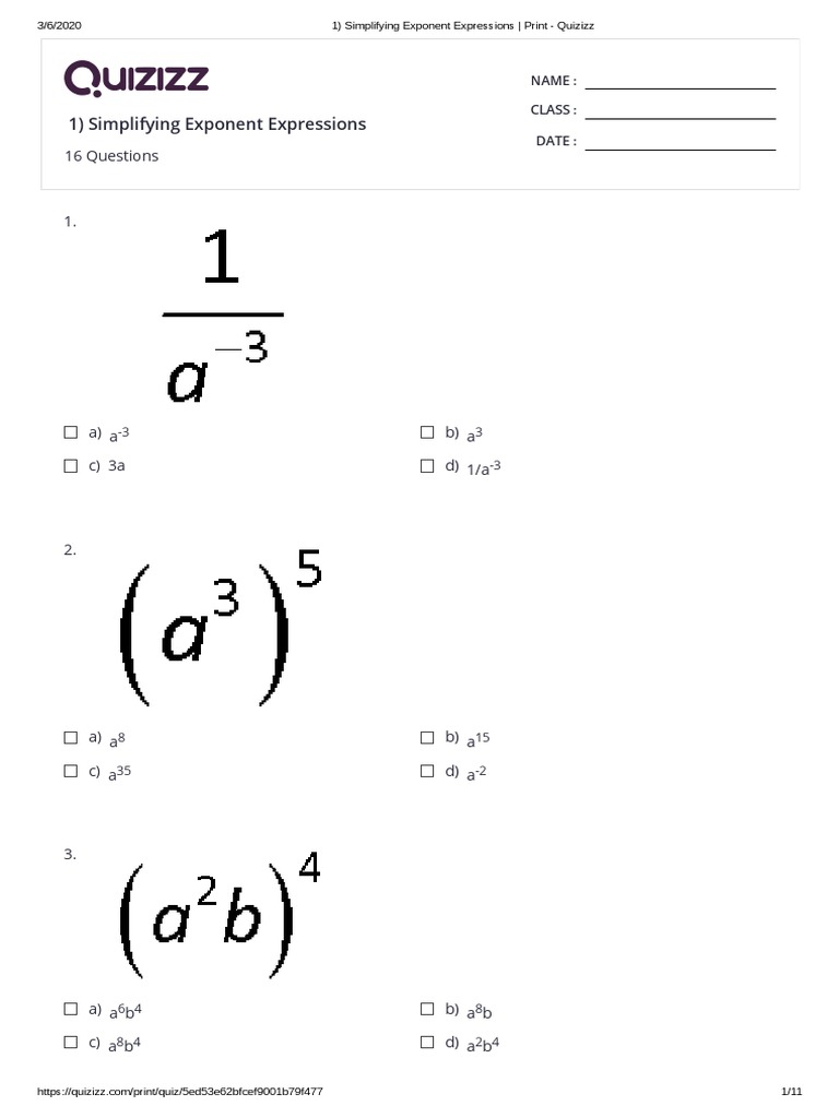 1) Simplifying Exponent Expressions - Print - Quizizz | PDF | Sports