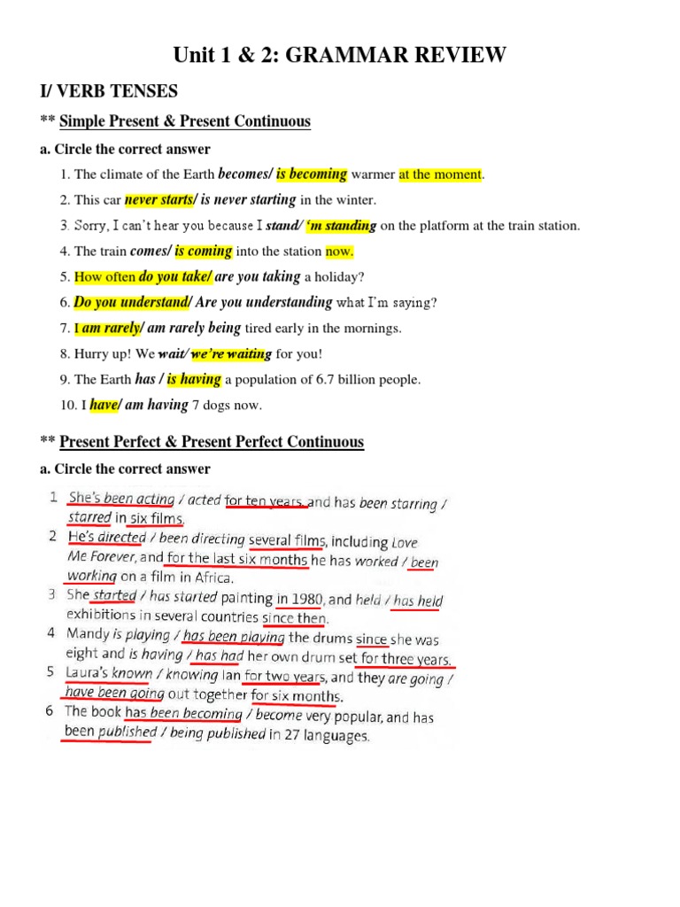 Grammar Review Unit 1 2 Answer | PDF