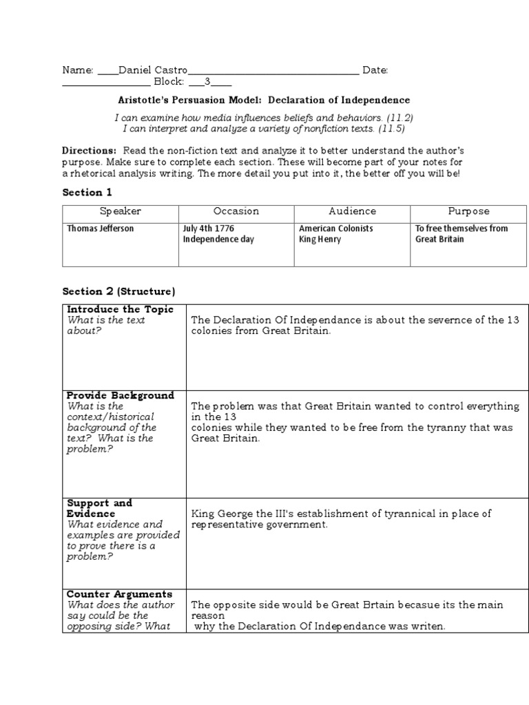 Rhetoric Analysis Declaration of Independence Form | PDF | United ...