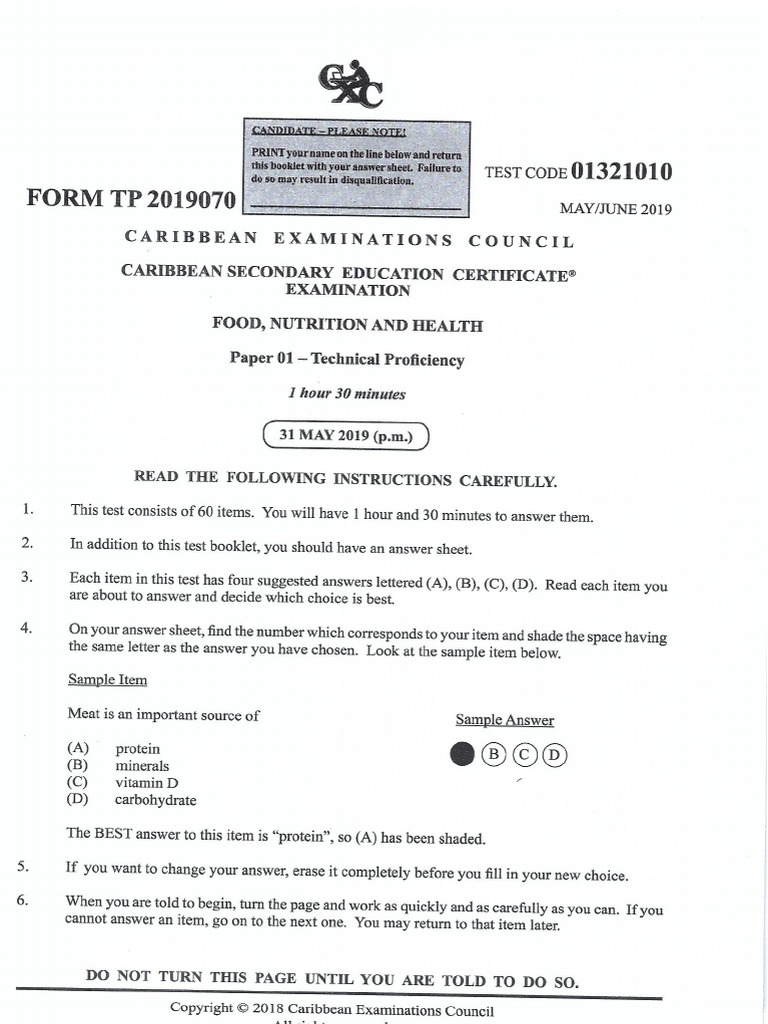 CSEC Food & Nutrition P1 Jun 2019 | PDF