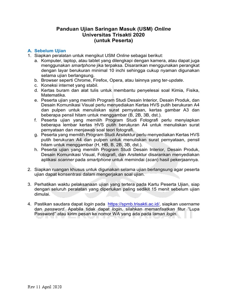 Panduan USM Online Universitas Trisakti | PDF