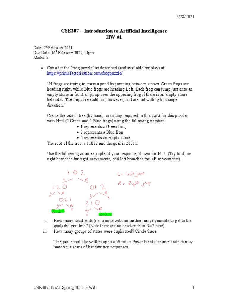 CSE307 - Introduction To Artificial Intelligence HW #1: Date: 9 February 2021 Due Date: 16 ...