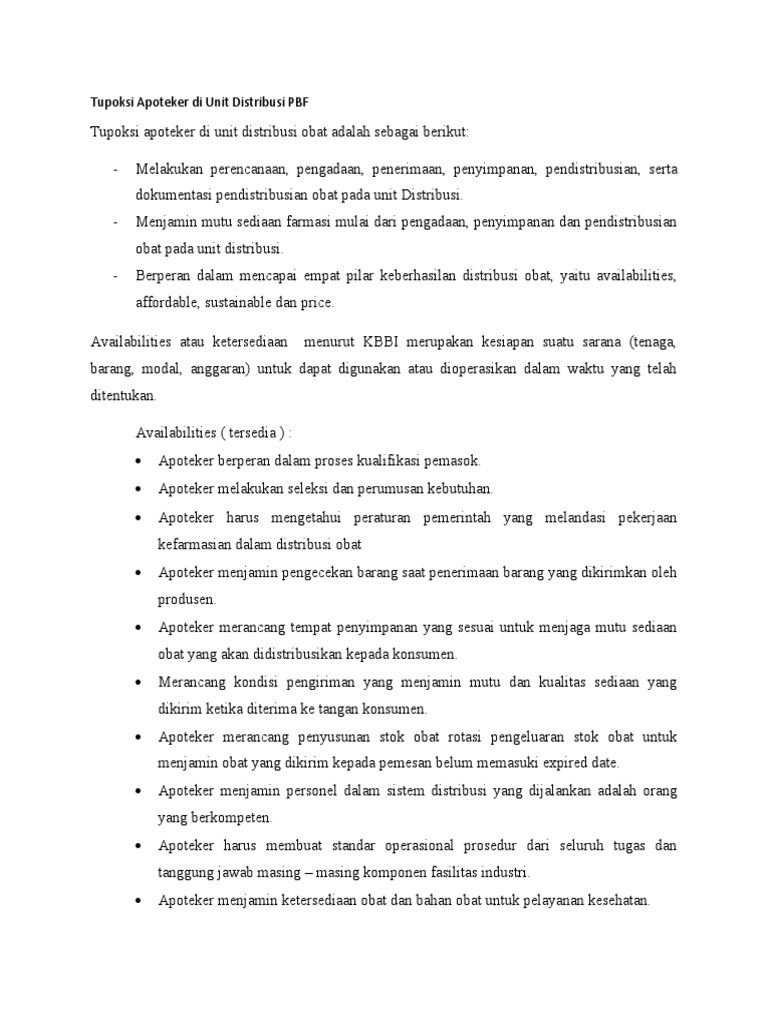 Tupoksi Apoteker Di Unit Distribusi PBF | PDF