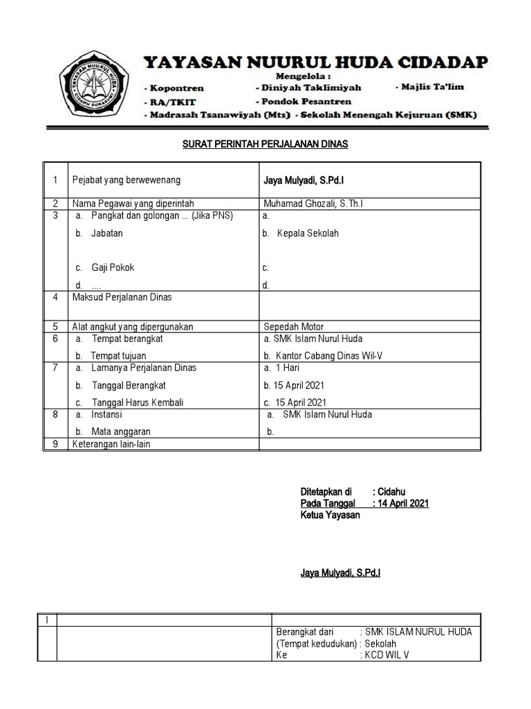 Format SPPD Surat Perintah Perjalanan Dinas Sekolah | PDF