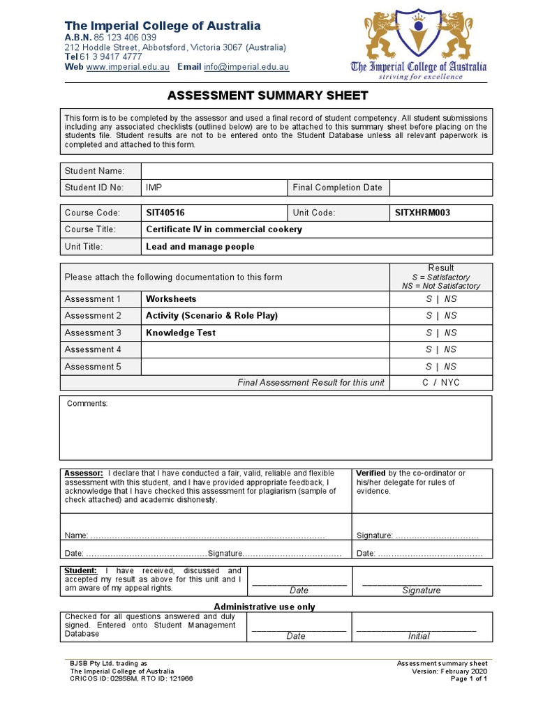 Assessment Summary Sheet: The Imperial College of Australia | PDF ...