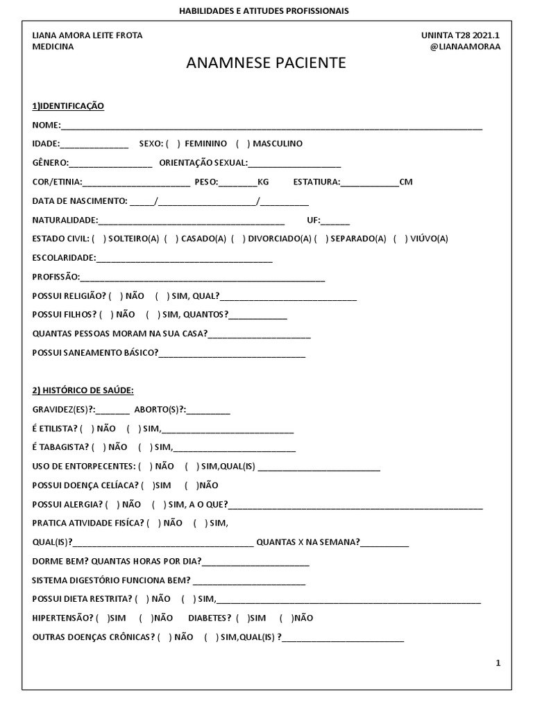 Anamnese Paciente | PDF | RTT | Ciências da Saúde