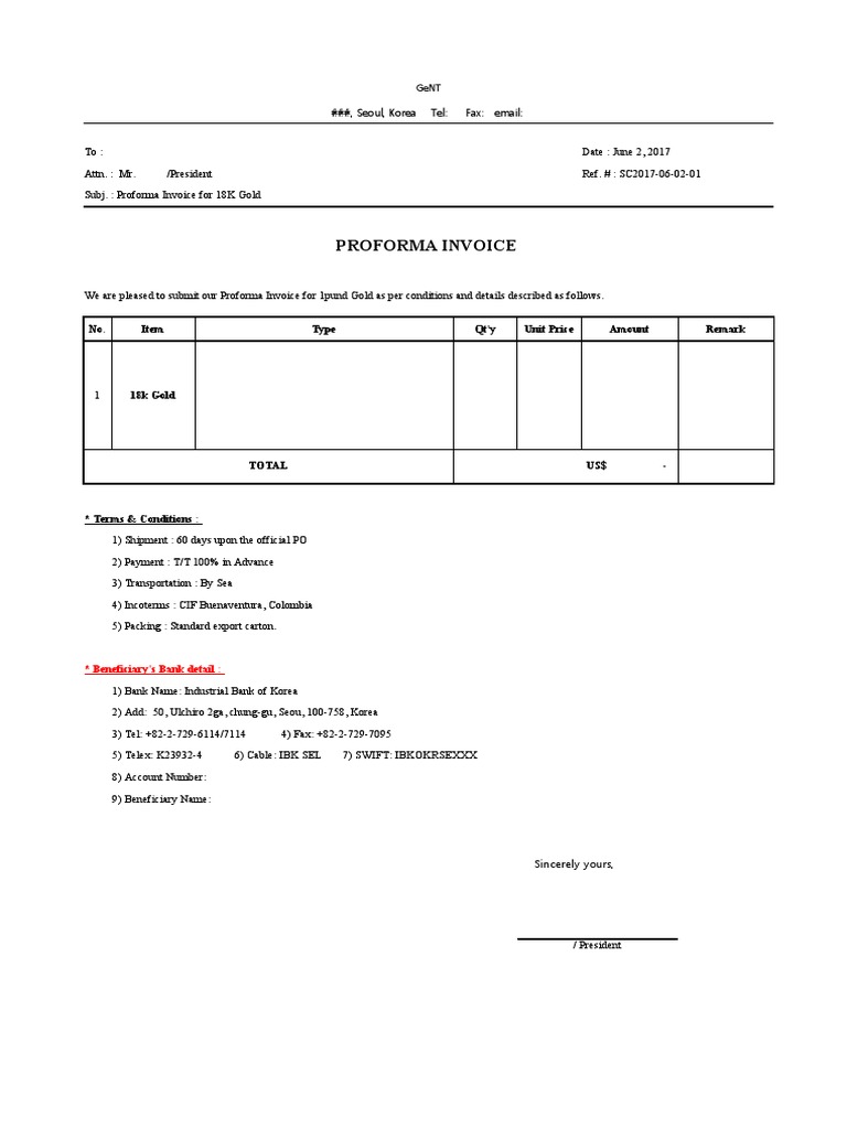 Proforma Invoice Sample GeNT | PDF