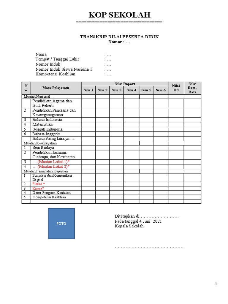 9 Contoh Form Transkrip Nilai Siswa | PDF