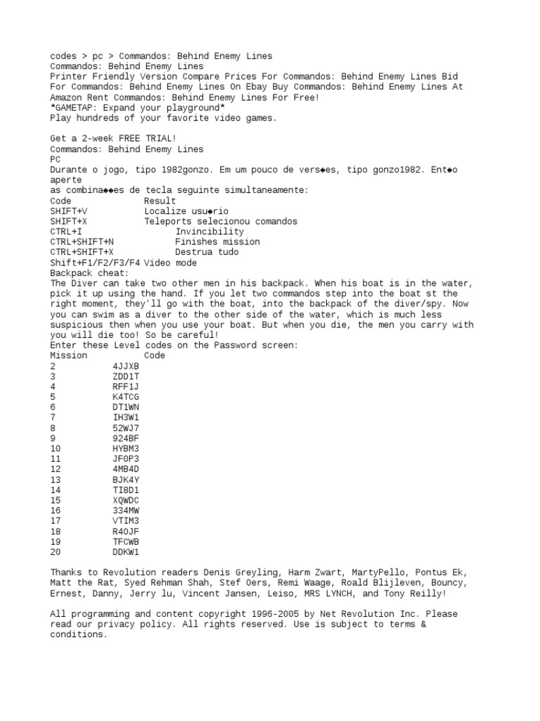 Commandos Behind Enemy Lines Cheat Codes For PC | PDF