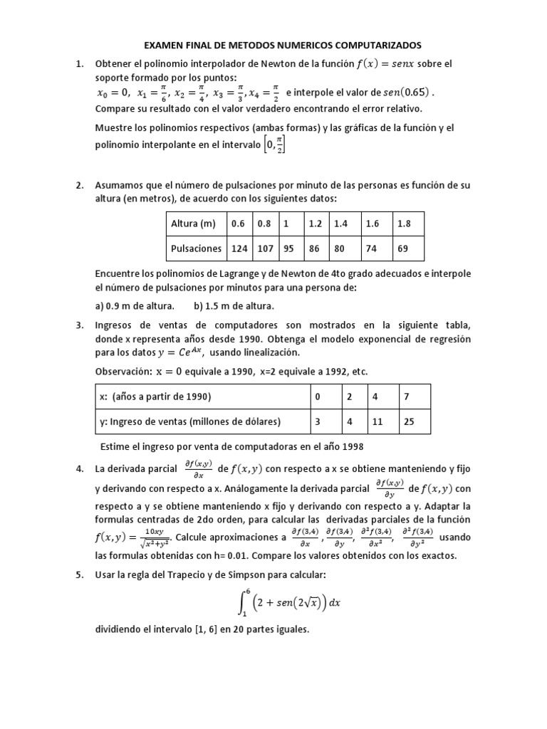 Examen Final de Metodos Numericos Computarizados 2021 | PDF | Análisis numérico | Derivado