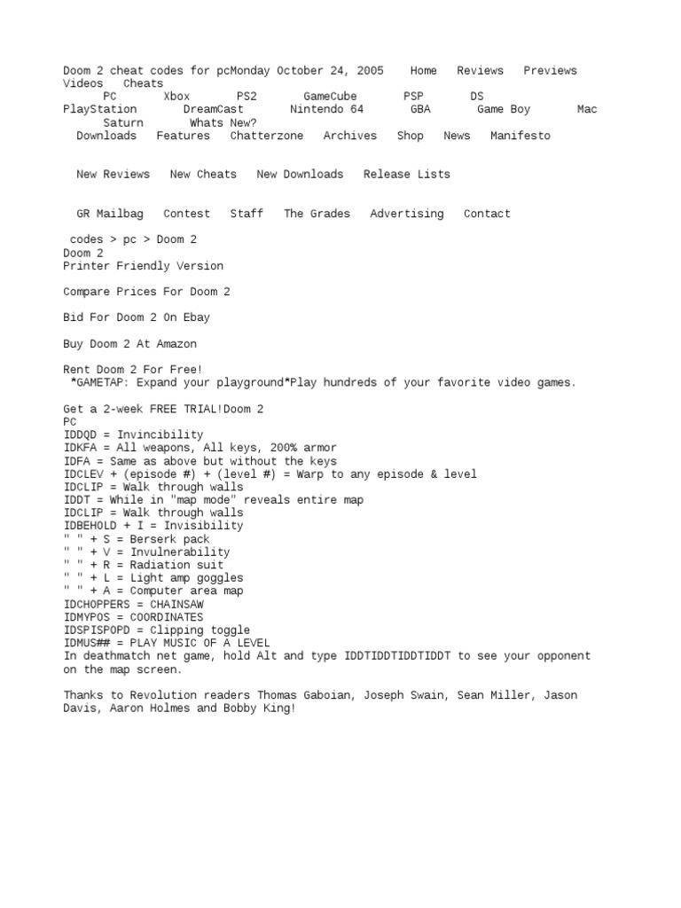Doom 2 Cheat Codes For PC | PDF