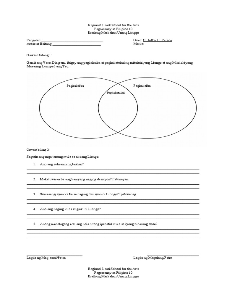 Worksheet in Filipino 10 Week 1 | PDF