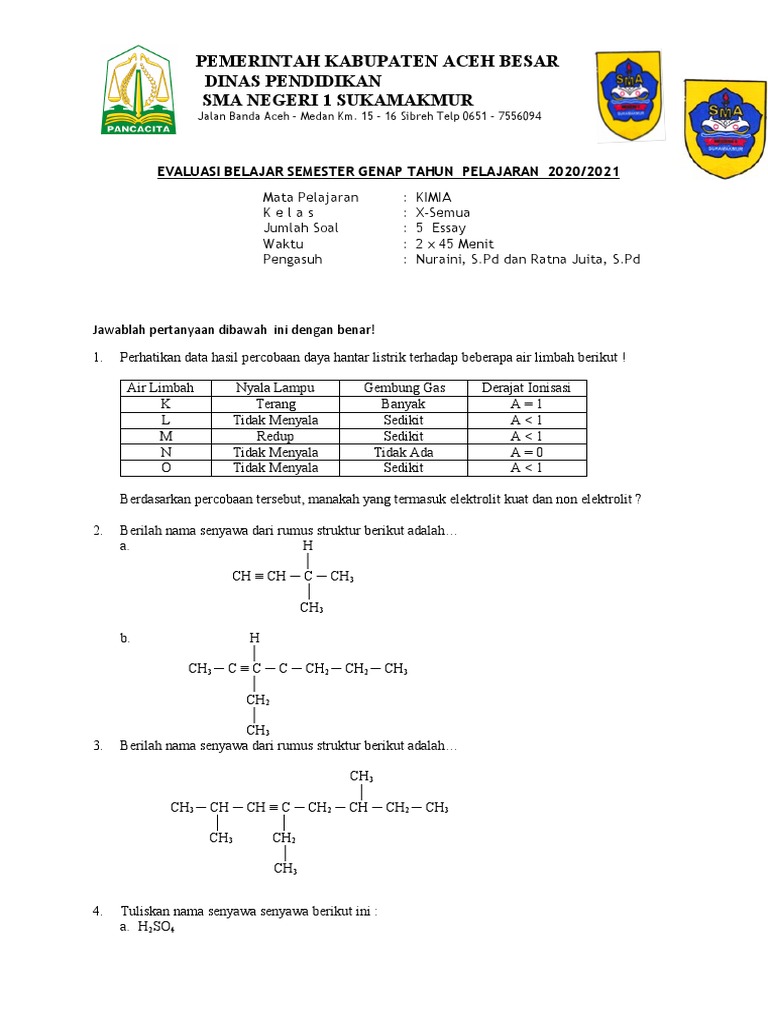 Soal Ujian Essay Kimia Kelas X | PDF