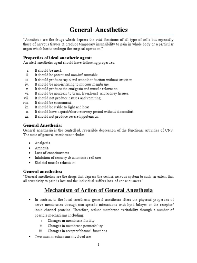 General Anesthetics: Mechanism of Action of General Anesthesia | PDF ...