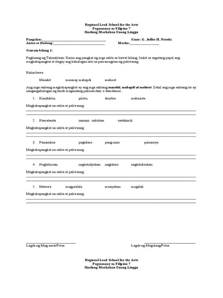 Worksheet in Filipino 7 Week 1 | PDF
