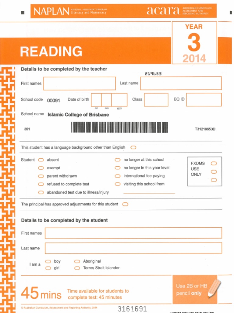 Naplan 2014 Reading Y3 | PDF