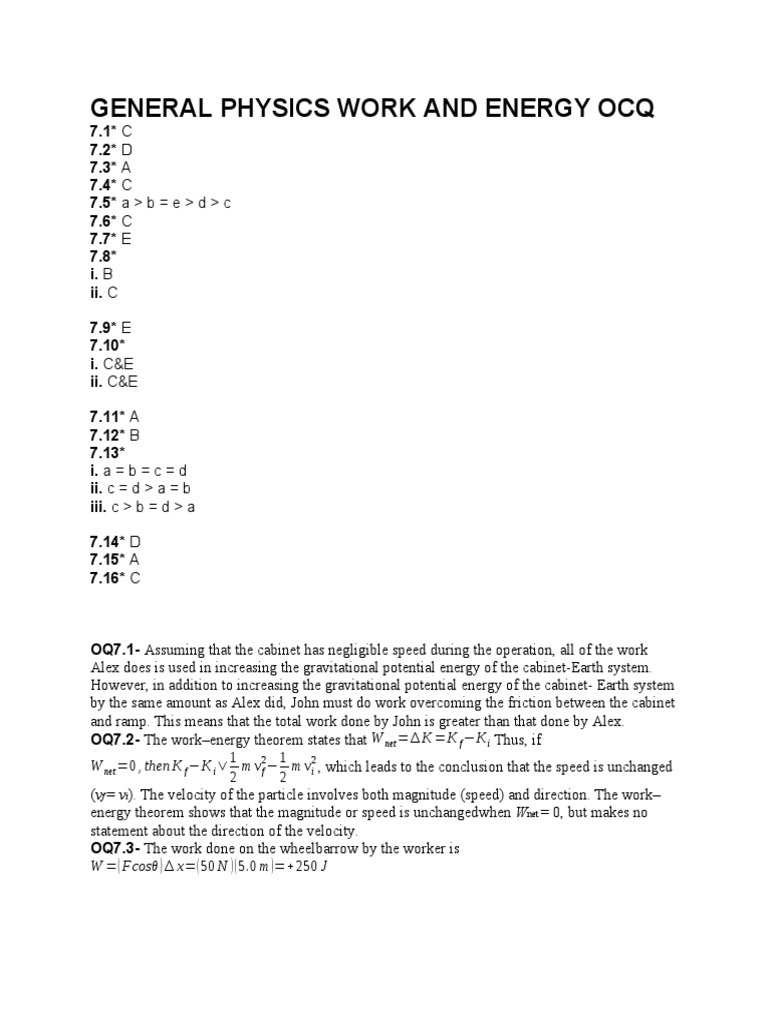 Answers to General Physics Work and Energy Open-Response Questions ...