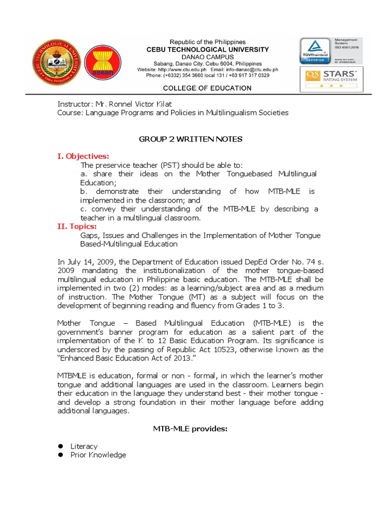 Group 2 (Written Notes) | PDF | Multilingualism | First Language