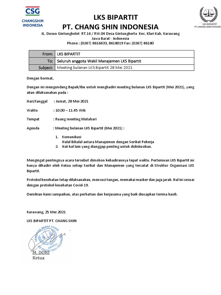 Undangan Meeting Bulanan LKS Bipartit Mei 2021-Hanya Untuk Email | PDF